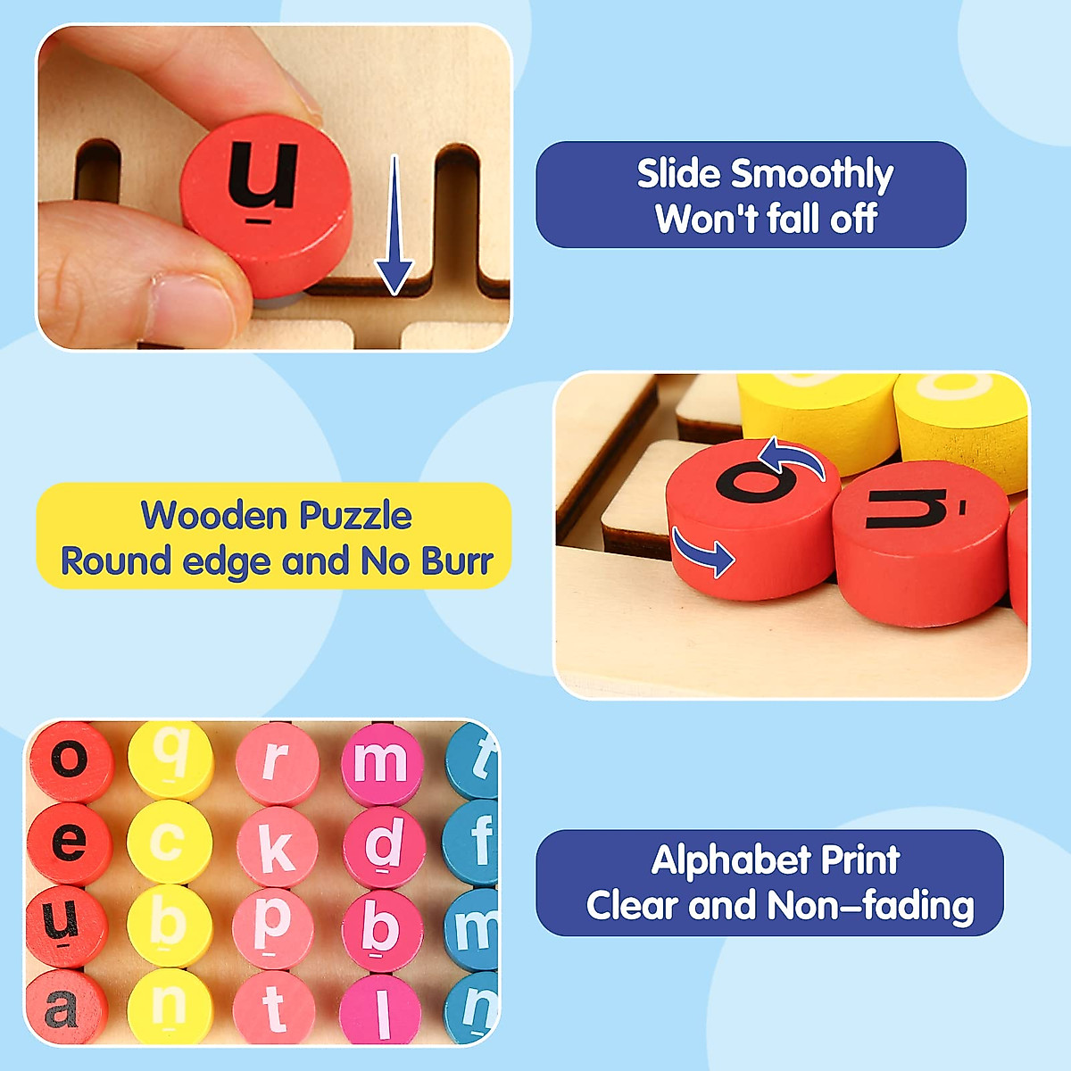 Joyreal Sight Word Spelling Games, CVC Flash Cards Kindergarten Homeschool, Wooden Vowel Letters Preschool Toys Fine Motor Skills Alphabet Blocks Learning Classroom 3-8 Years Old