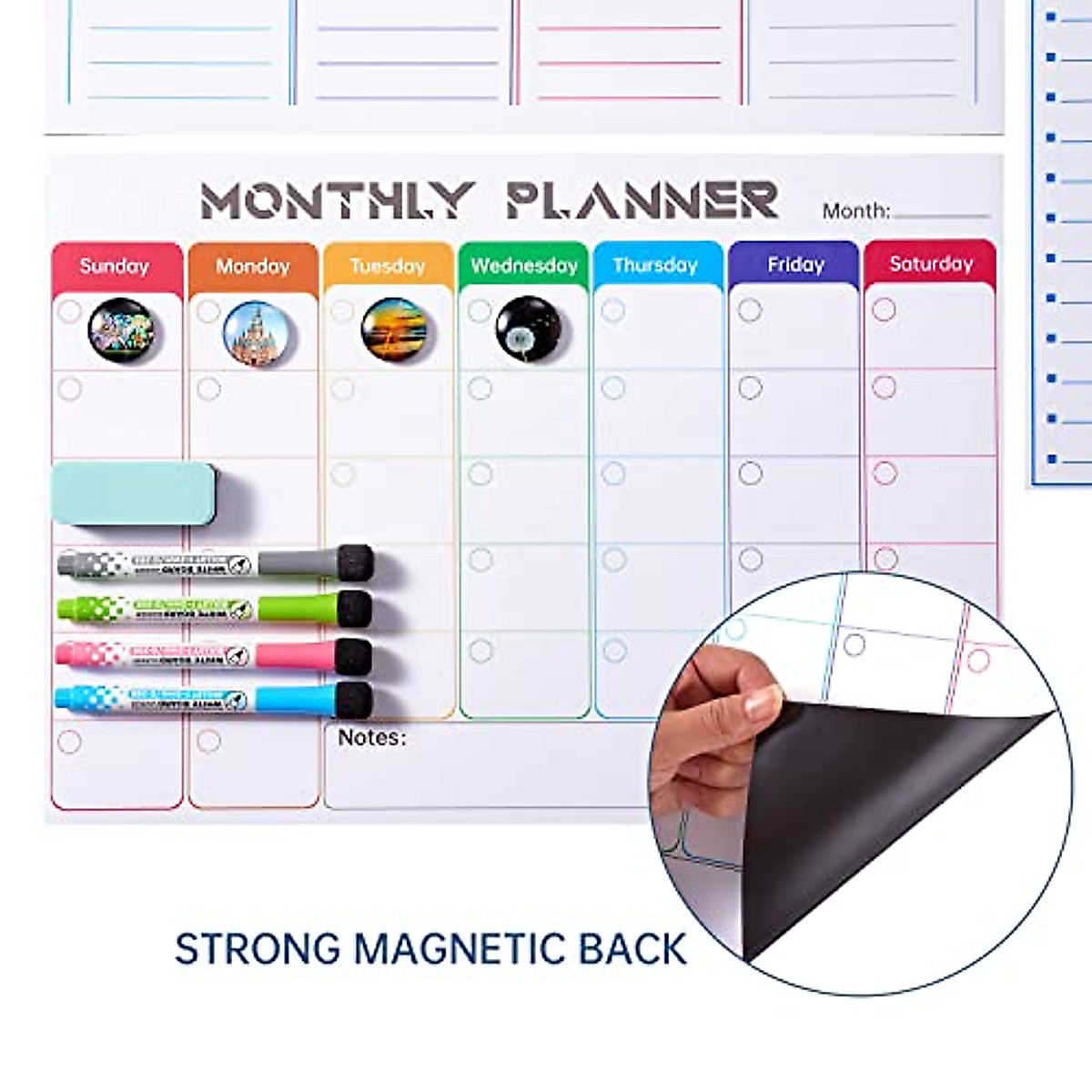 White Board Calendar Dry Erase - Monthly Calendar Whiteboard for Fridge, Weekly Magnetic Calendar for Refrigerator, Grocery List Magnet Pad for Family Planner Kitchen Schedule Board