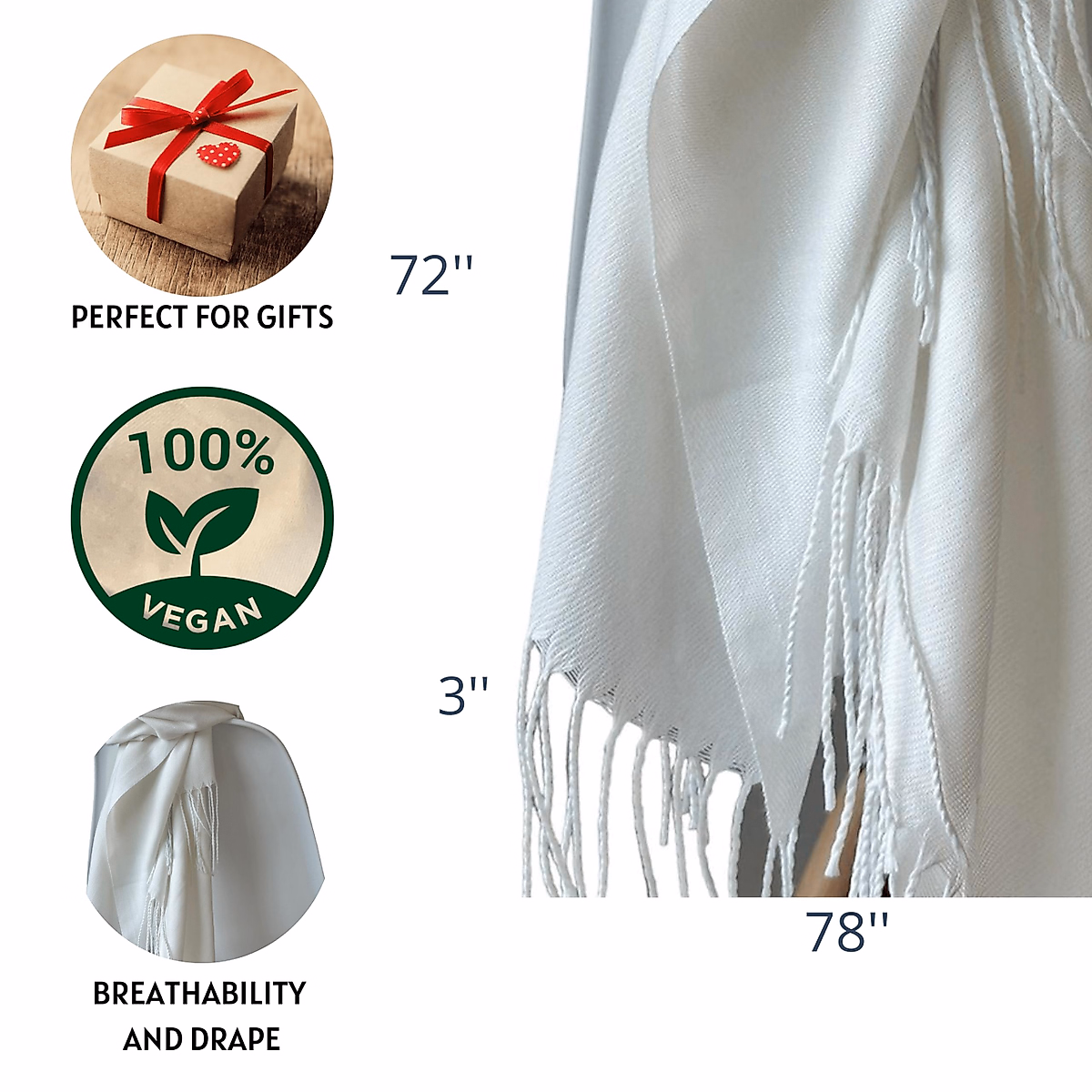 MIAKRAFTS Women's Scarf Pashmina Shawls and Wraps for Events Gifts Evening Dress Shawl (Ivory)