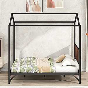 Bellemave House Bed for Kids, Full Size Metal Platform Bed with Headboard and Roof (Full Size, Black)