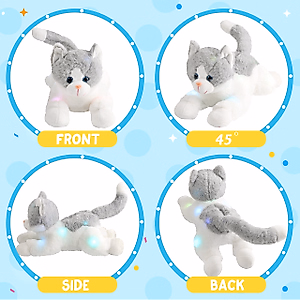 Houwsbaby 15‘’ Light up Kitty Stuffed Animal Cat Floppy LED Plush Toy Kitten Night Lights Glow Pillow Birthday Gifts for Kids Toddler Girls, Gray