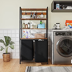 Furnulem 4 Tiers Laundry Hamper with Shelf and Hooks, Tall Laundry Basket Sorter with 2 Removable Laundry Bags, Ladder Shelves with Clothes Hamper for Laundry Room Bathroom Bedroom