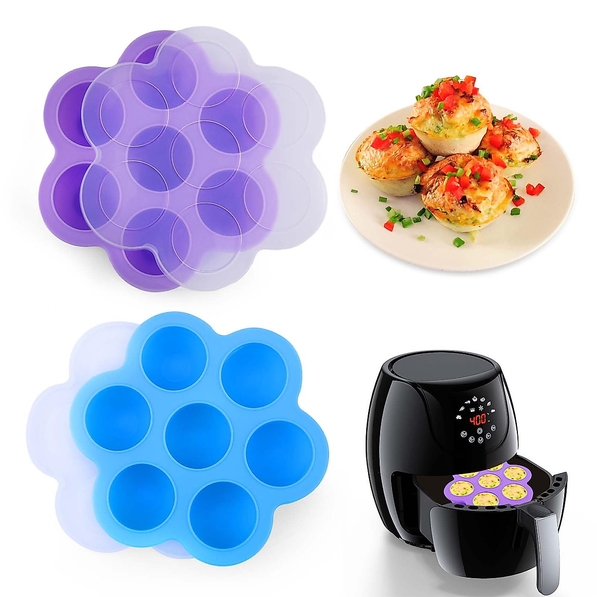 XANGNIER Silicone Air Fryer Egg bite Mold,2 Pack Reusable Egg Bites Pan with Lid-Alternative to Sous Vide Egg Bite Maker,Air Fryer Accessories