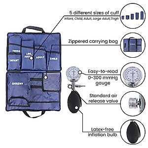 Dixie EMS Aneroid Sphygmomanometer Kit, Manual Blood Pressure Monitor Set with 5 Cuffs for Infant, Child, Adult, Large Adult, Thigh, & Carrying Case – Blue