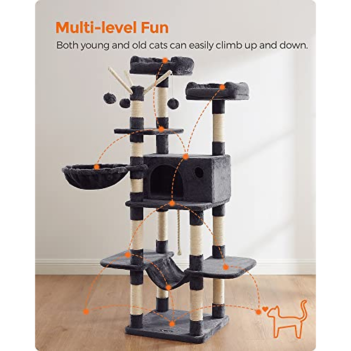 FEANDREA Cat Tree, Large Cat Tower, 64.6 Inches, Cat Activity Center with Hammock, Basket, Removable Fur Ball Sticks, Cat Condo, Smoky Gray UPCT087G01