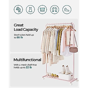 SONGMICS Clothes Rack with Wheels, 36 Inch Garment Rack, Clothing Rack for Hanging Clothes, with Dense Mesh Storage Shelf, 110 lb Load Capacity, 2 Brakes, Steel Frame, Jelly Pink UHSR025P01