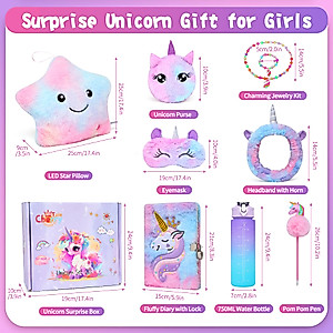 Cherry Tale Unicorns Gifts for Girls Age 6-8, Kids Unicorn Toy Set with Light Up Star Pillow Water Bottle Plush Diary Birthday for Girls Age 4 5 6 7 8 9 10
