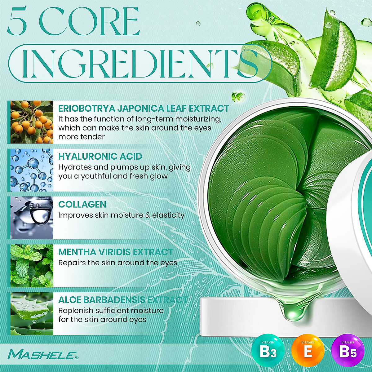 MASHELE Korean 60pcs Aloe Vera Collagen Under Eye Gel Patches Mask, Treatment for Puffy Eyes, Dark Circles, Anti Wrinkle Pads, Moisturizing for Women and Men (60pcs patches aloe vera)