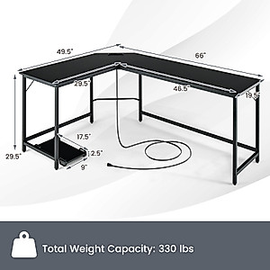 COSTWAY L-Shaped Desk with CPU Stand, 66 Inch Wooden Top Space-Saving Corner Desk w/Metal Frame, Large Computer Gaming PC Desk, Writing Table Study Desk for Bedroom, Study, Office (Black)