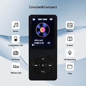 MP3 Player 32GB with Speaker Earphone Portable HiFi Lossless Sound MP3 Mini Music Player Voice Recorder E-Book HD Screen 1.8 inch Black Support up to 128GB