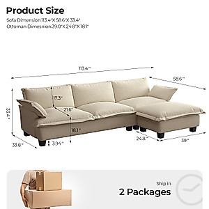 Fadware 113" Oversized Sectional Sofa Cloud Couch for Living Room, Modern Velvet L Shaped Deep Couches, 4 Seat Comfy Modular Sofa Sleeper with Moveable Ottoman, Beige