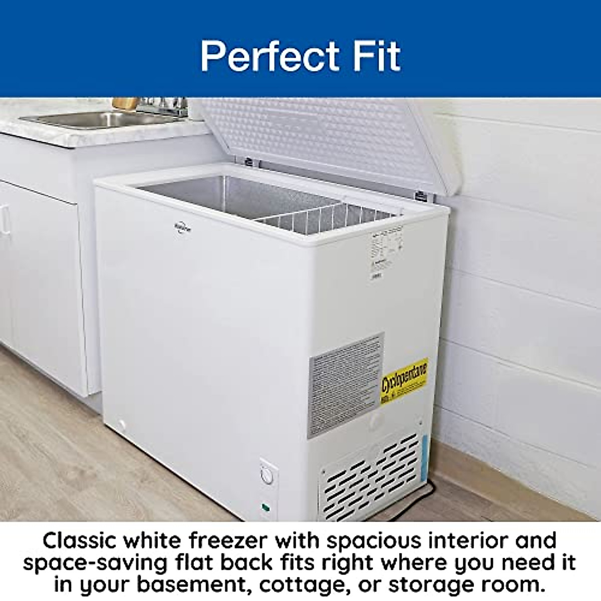 Koolatron Large Chest Freezer, 7.0 cu ft (195L), White, Manual Defrost Deep Freeze, Storage Basket, Space-Saving Flat Back, Stay-Open Lid, Front-Access Drain, for Basement, Laundry Room, Cottage
