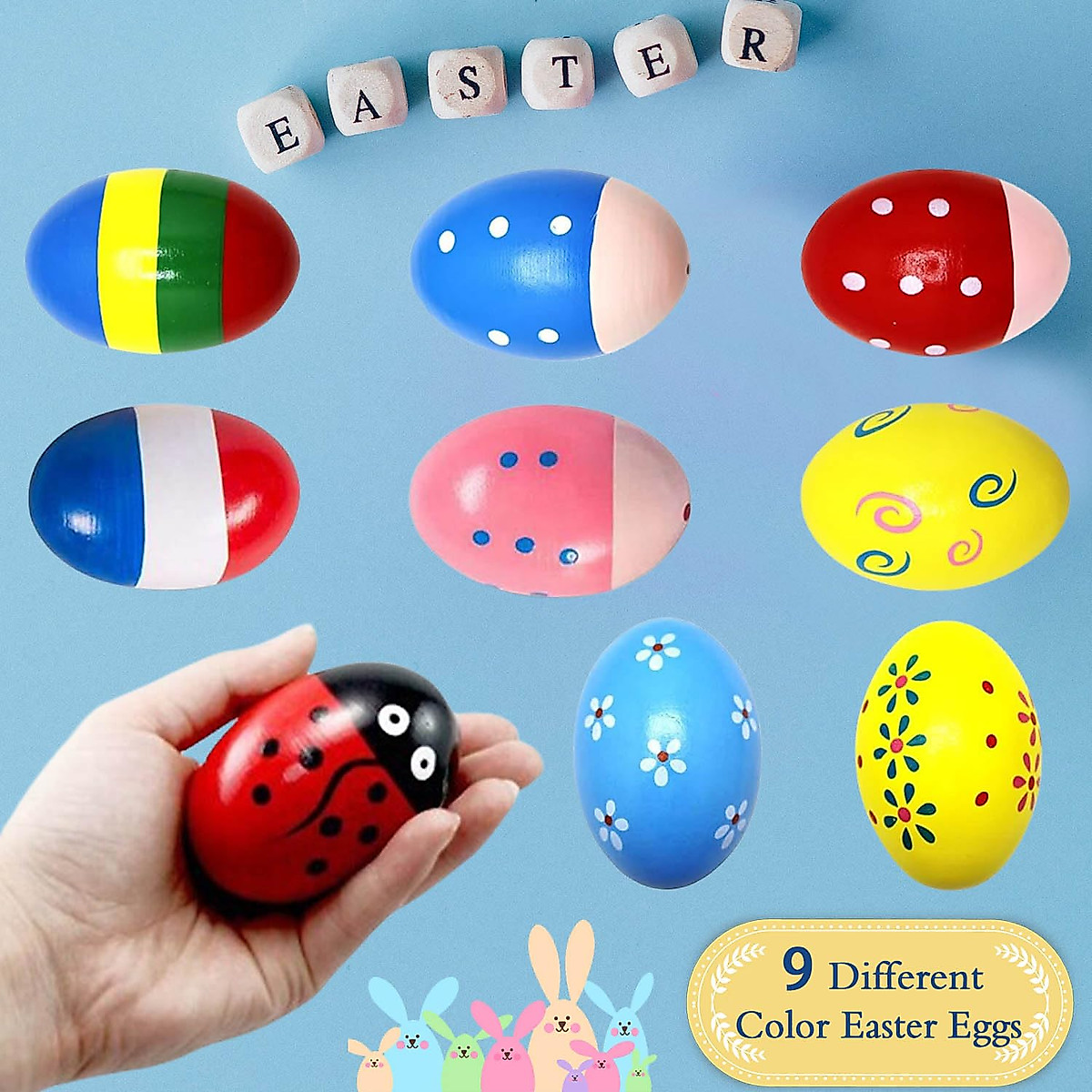 UPINLOOK 9 Pcs Wooden Easter Eggs Shakers Maracas for Baby Kids Classroom Prize Musical Instrument Early Learning Toys Easter Basket Stuffers Fillers