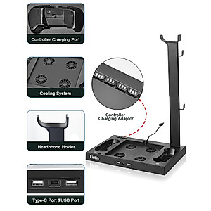 Lictin Cooling Fan Charging Station for Xbox Series X Console & Controller, Upgraded 4 Cooler Fan System Stand, Vertical Dual Charger Station Dock Accessories with 2 x 1400mAh Rechargeable Battery