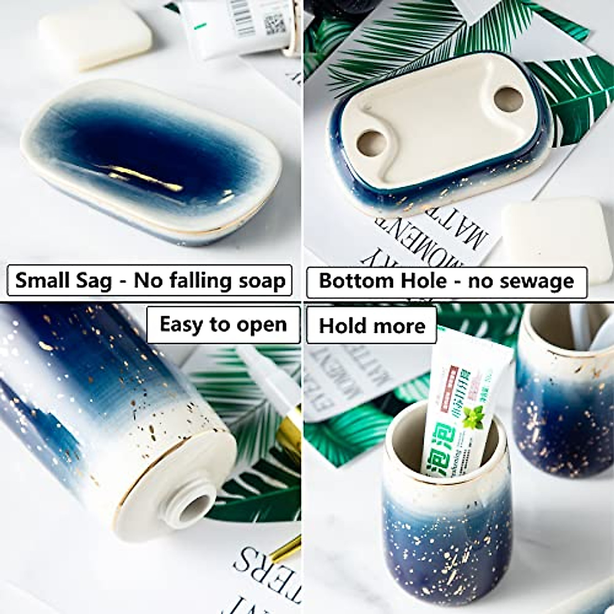 Bathroom Accessory Set, Ceramic Bathroom Accessories Set Blue, 4 Piece Navy Starry Washing Set of 2 Gargle Cups, Soap Dish, Lotion Dispenser, Bathroom Countertop Ceramic Accessory Set Bathroom Decor