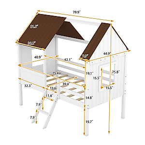 House Bed for Kids,Low Loft Bed Frames Twin Size,Wood Toddler House Bed with Two Side Windows and Roof for Kids/Teens/Girls/Boys,White