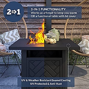 BELLEZE 28-Inch Propane Fire Pit, 50,000 BTU Auto-Ignition Gas Fire Pit, CSA-Approved 2-in-1Outdoor Fire Pit, Gas Fire Pit Table with Lid and Lava Rocks, Fire Pits for Outside, Poolside, Garden, Party