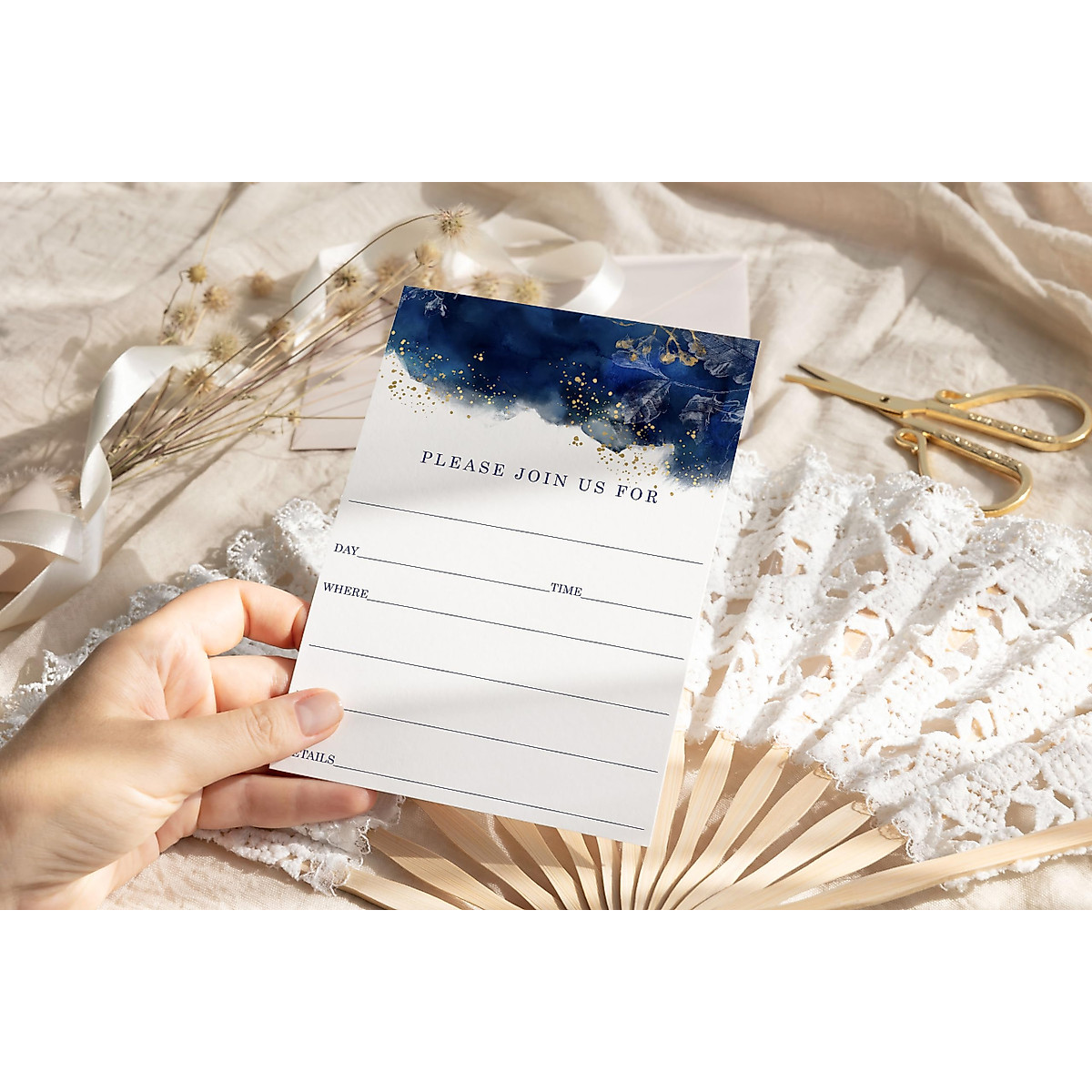 Blue Invitations with Envelopes, All Occasion Party Invites for Wedding, Birthday, Bridal Shower, Graduation, Reception, 5x7 Blank Cards, Gold Watercolor Floral, 25 Count