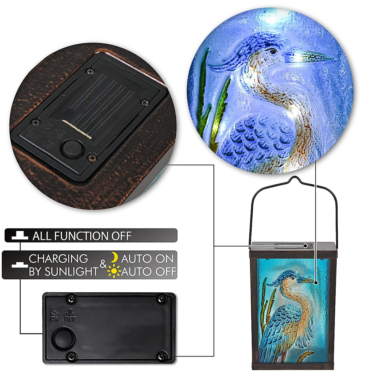 TERESA'S COLLECTIONS Solar Lantern and Metal Heron Decor Bundle(2PCS) | Blue Heron Outdoor Lantern with Solar Powered Lights and Heron Decor for Home Garden Patio Lawn Yard Decor