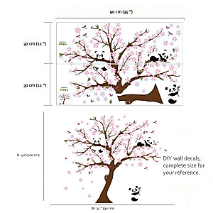 Runtoo Panda Wall Decal Cherry Blossom Wall Art Stickers for Living Room Bedroom Baby Nursery Kids Wall Décor