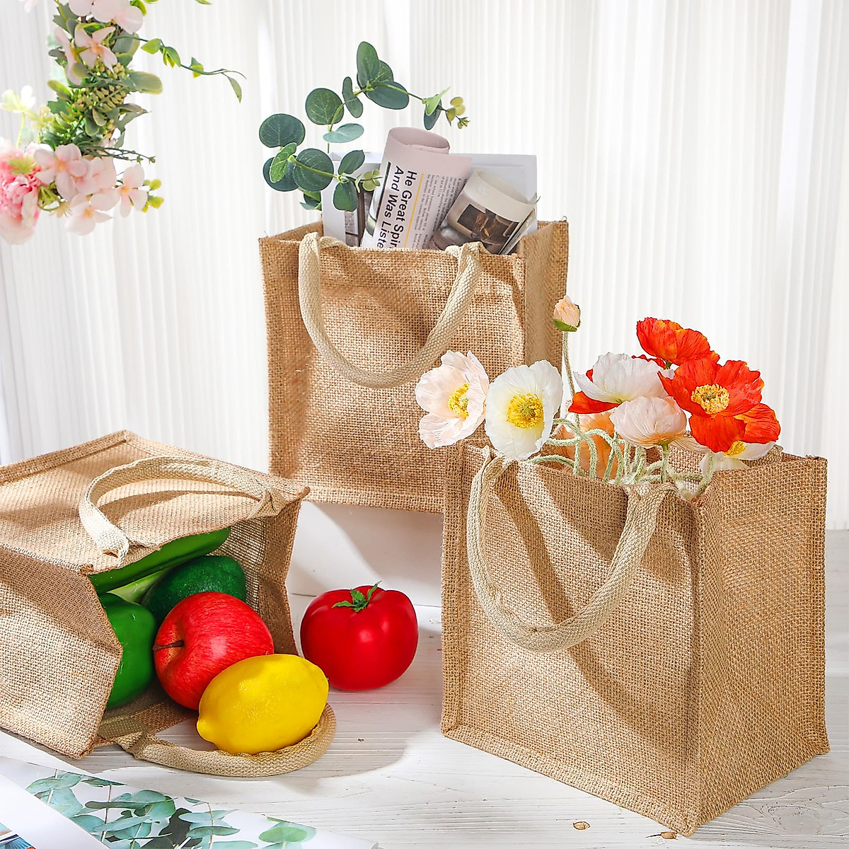 Silkfly 20 Pcs Mini Burlap Jute Tote Bags with Handle Small Blank Reusable Market Grocery Bags for Teacher Bridesmaids Wedding Gift Shopping DIY Craft Travel Beach Thanksgiving Christmas, 8 x 8 x 6 in