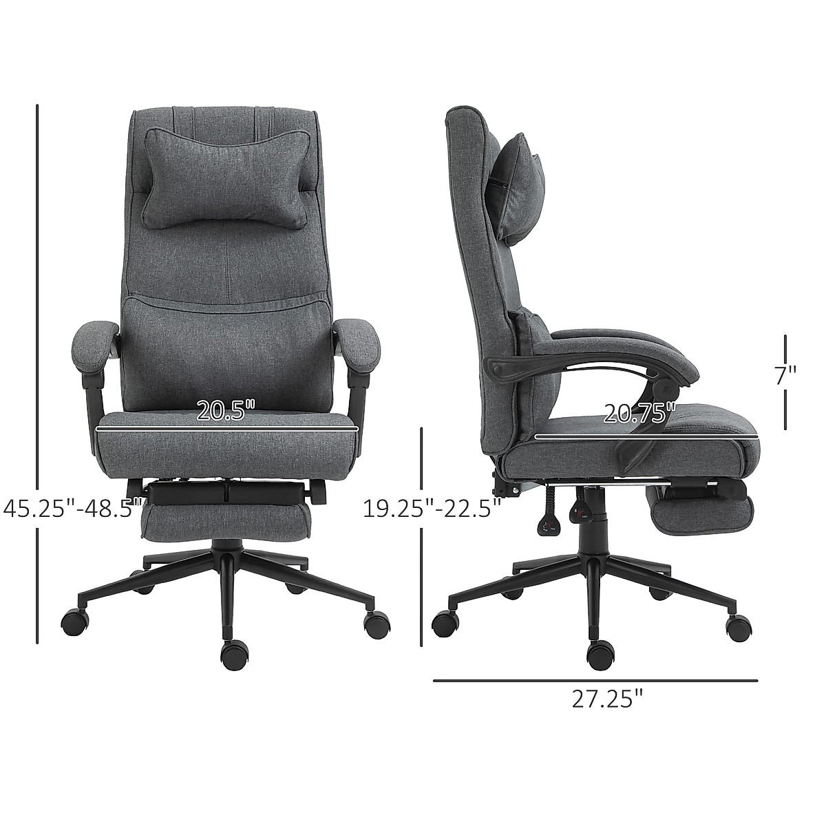 Vinsetto High Back Executive Office Chair, Reclining Computer Desk Chair with Footrest, Height Adjustable Fabric Office Chair with Headrest and Lumbar Support, Gray