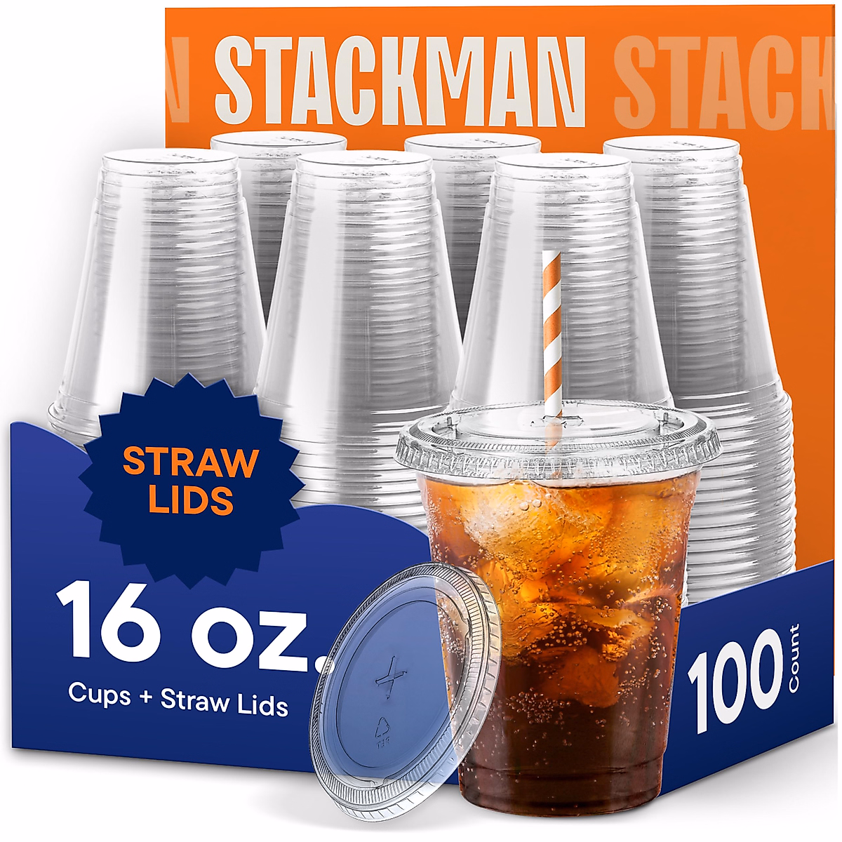 [100 Sets - 16 oz.] Clear Plastic Cups with Straw Slot Lid, PET Crystal Clear Disposable 16oz