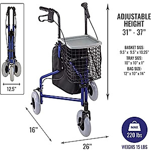 DMI Folding Rollator Walker with Swiveling Front Wheels, FSA HSA Eligible, 3 Wheel, Aluminum Light-Weight, Detachable Storage Tray, Royal Blue