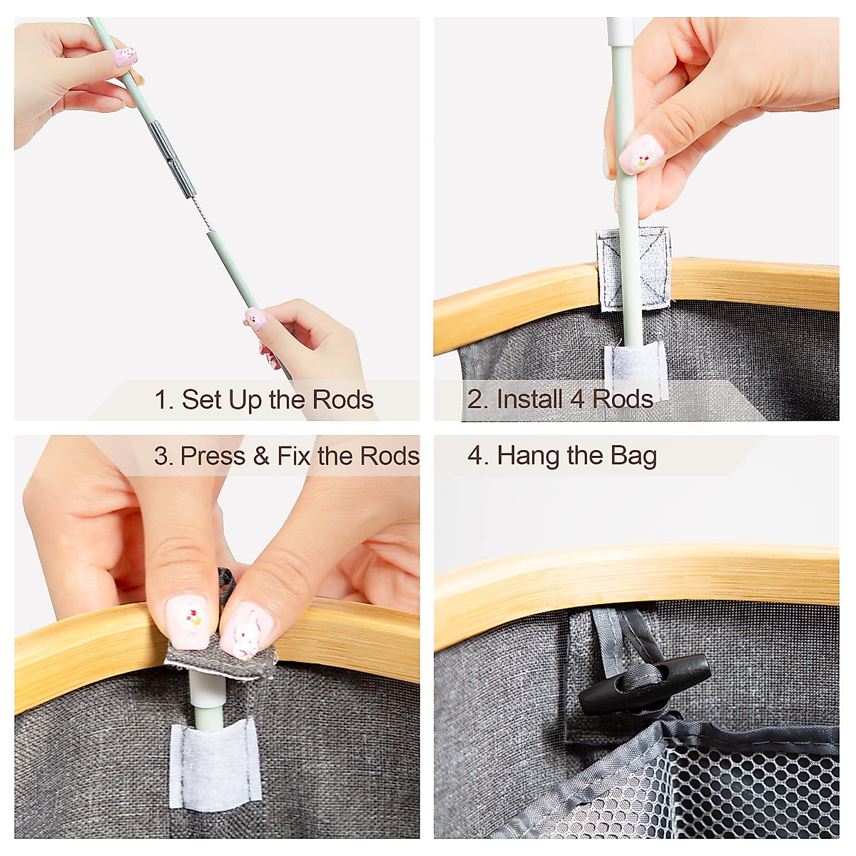 FairyHaus Laundry Basket with Lid, Freestanding Large Laundry Hamper with Lid, Removable Bag & Support Rods, Collapsible Dirty Clothes Hampers for Laundry with Easy Carry Bamboo Handles, Tall, Grey