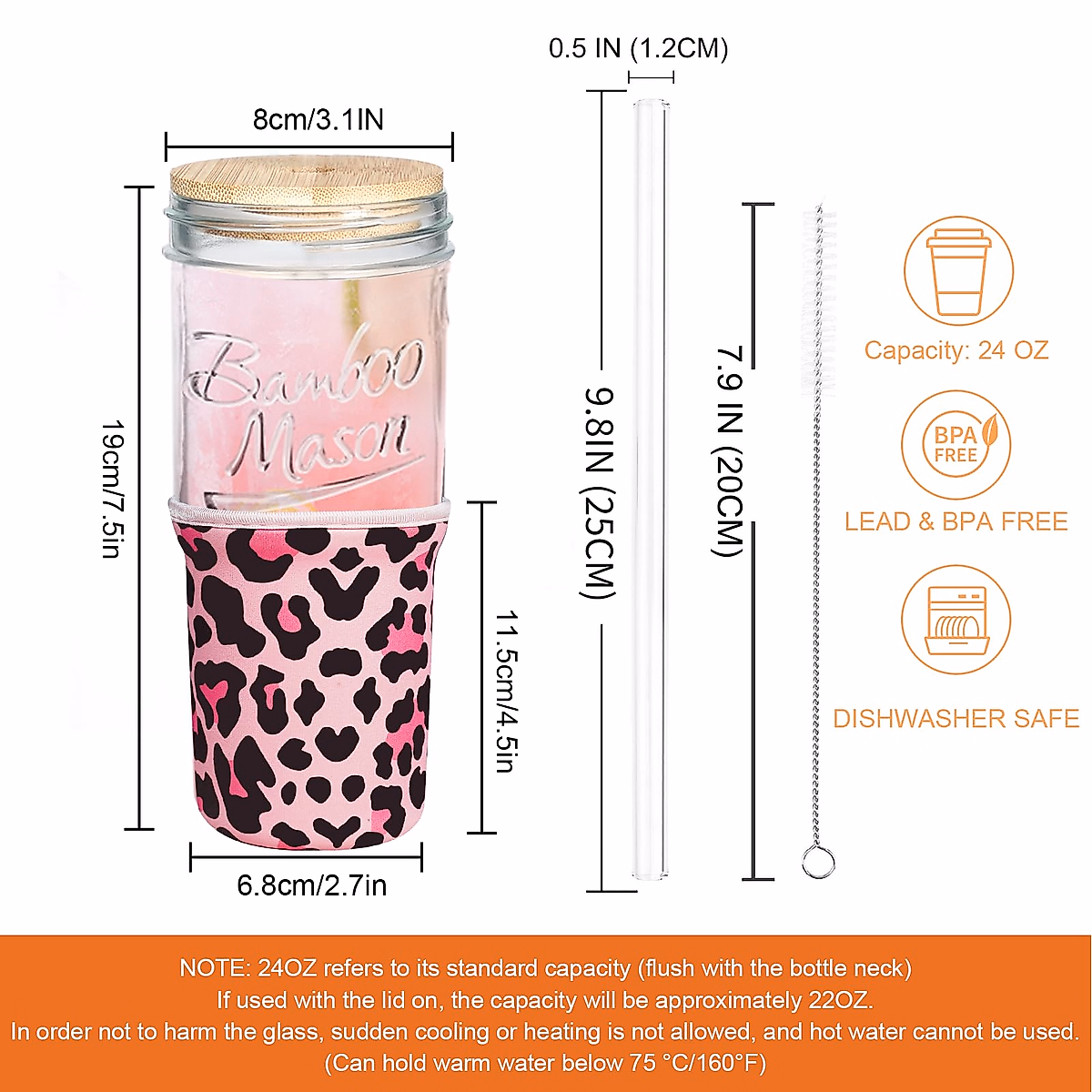 ANOTION Glass Cups with Lids and Straws - 24oz Ice Coffee Cup with Neoprene Sleeve, Drinking Glasses Tumbler Set of 2, Cute Bamboo Mason Jars, Glass Tumbler Travel Cup Smoothie Cup - Gifts for Women