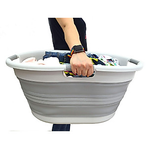 SAMMART 57L (15 Gallons) Collapsible 3-Handled Plastic Laundry Basket - Oval Tub - Portable Washing Tub-Space Saving Laundry Hamper, Water Capacity 44L / 11.6 Gallon (1, Grey)