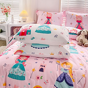 Wajade Kids Pink Princess Comforter Set Bed in A Bag Full Size 7 Piece Princess Fairy Tales Castle Bedding Set for Girl (1 Comforter, 1 Flat Sheet, 1 Fitted Sheet, 2 Pillowcase and 2 Pillow Sham)