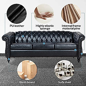 Vaztrlus Chesterfield Sofas for Living Room, Rolled Arm 3-Seater Leather 84" Large Couch Deep Button Nailhead Tufted Black Upholstered Couches for Bedroom, Office Apartment Easy to Assemble
