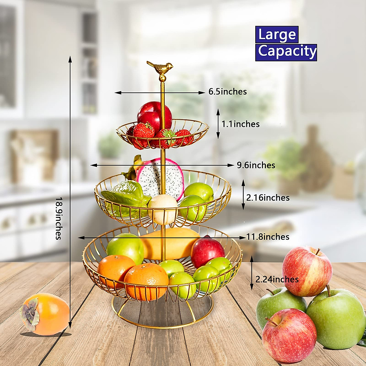 3 Tier Kitchen Countertop Fruit Basket Bowl for Bread Vegetables Snack Storage, Removable Organizer Shelf Storage Rack, Modern Design Tiered Fruit Holder Stand，for Gifts Home Party (bird head gold)