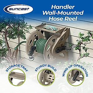 Suncast Handler Durable Hard Plastic Wall Mounted Outdoor Retractable Garden Hose Reel with Storage Tray and 200 Feet Hose Capacity, Taupe