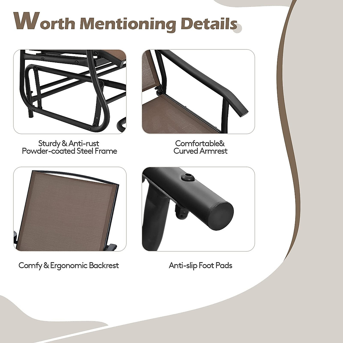 Tangkula 2 Person Swing Glider Chair, Patio Rocking Loveseat w/Center Tempered Glass Table, Outdoor Swing Bench w/Steel Frame & Breathable Mesh Fabric for Porch, Balcony, Poolside (Brown)