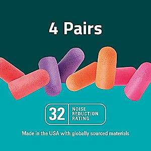 3M Disposable Earplugs, Hearing Protection for Events & Concerts, Mutli-Color, 32 NRR, 4-Pairs