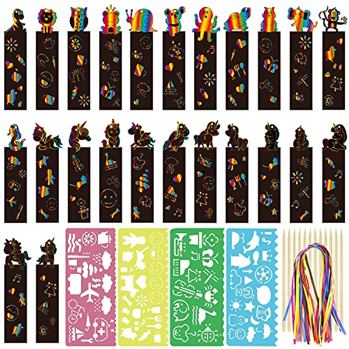 64PCS Animal Scratch Bookmarks Set, DIY Rainbow Scratch Bookmarks with Painting Templates, Wood Sticks and Colored Ribbons for Kids Party Birthday Gifts Teacher Supplies Kids Classroom School Supplies