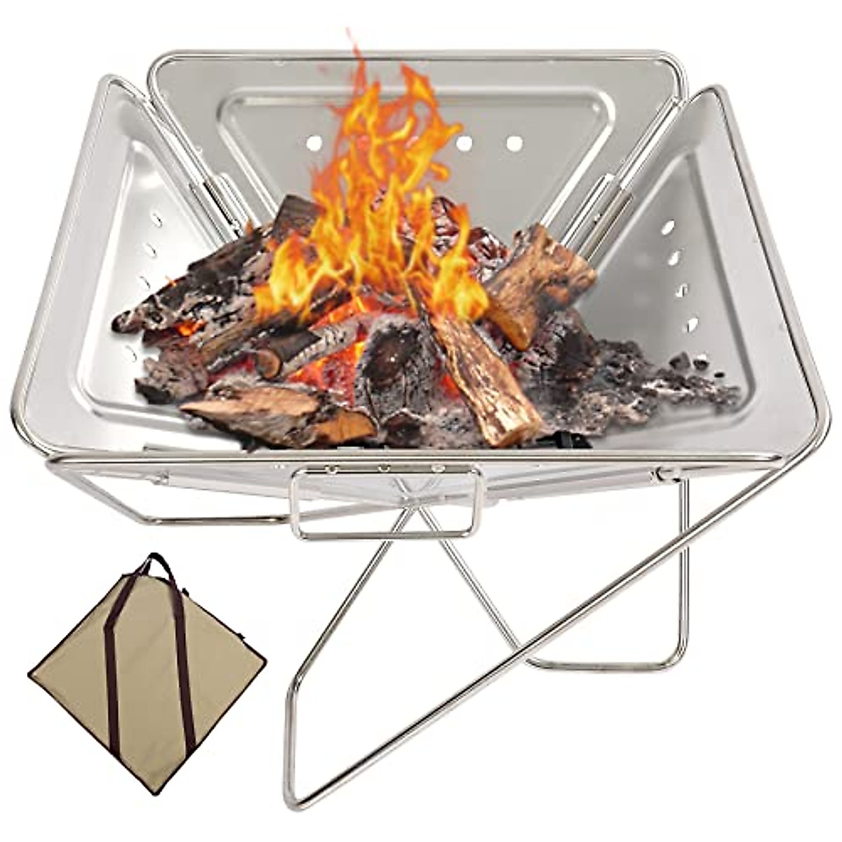 Lineslife 17'' Portable Outdoor Fire Pit for Camping, Folding Heavy Duty Stainless Steel Firepit, Foldable Wood Burning Fire Pit with Carrying Bag for Outdoor Backyard Patio, Beach Parties, Garden