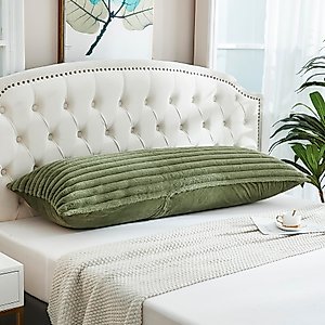 Yaoshuho Furry Faux Rabbit Fur Body Pillow Case Cover, Luxury Plush Striped Body Pillowcase with Zipper, Decorative Velvet Long Body Pillow 21 x 54 Inches, Sage Green