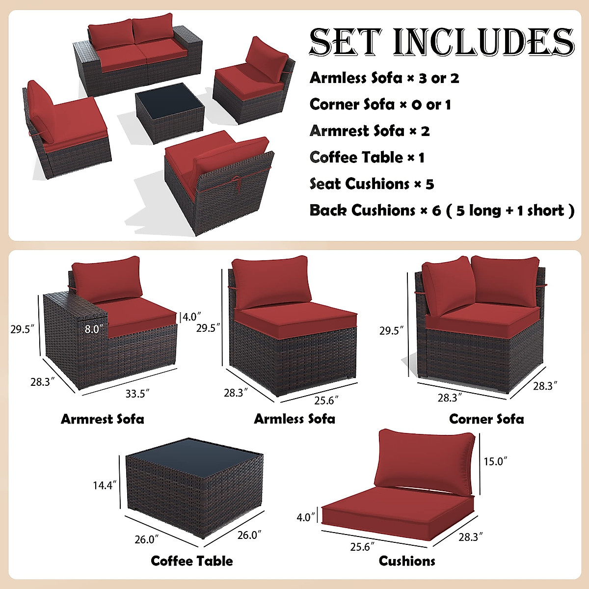 Gotland Outdoor Patio Furniture Sets 6 Piece Patio Sectional Furniture All-Weather Outdoor Patio Sofa PE Wicker Backyard Deck Couch Conversation Chair Set with Table & 5 Red Thickened Cushions