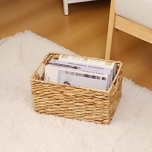 YRMT Water Hyacinth Basket Wicker Storage Baskets for Organizing Small Woven Shelf Organizer with Handles Decorative Pantry Shelf Basket 11.8" x 7.9" x 6.3"