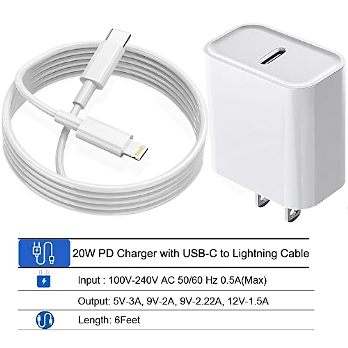 iPhone Fast Charger【Apple MFi Certified】 Cell Phone Wall Chargers iPhone Charging 20W PD Adapter with 6FT Type-C Lightning Cable Compatible with iPhone 14 13 12 11/Xs Max/XR/X and More