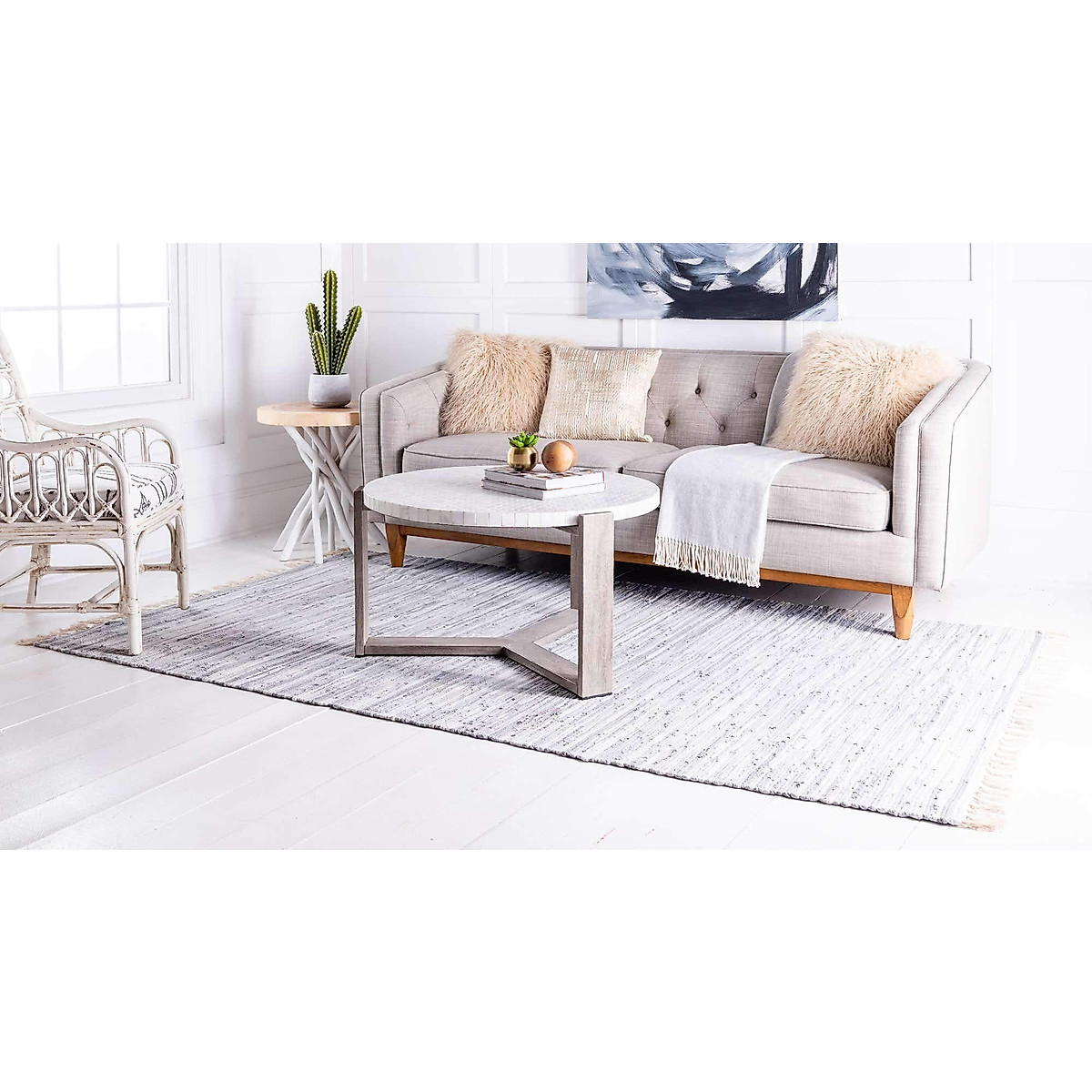 Unique Loom Chindi Cotton Collection Soft Hand Woven Natural Fiber Striped Area Rug, 9 ft x 12 ft, Gray/Ivory