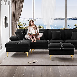 DAMAIFROM 110" U-Shaped Sectional Sofa Couch, Convertible L-Shaped Sectional Sofa with Chaise Lounge, Ottoman, Modern Modular Sofa Sleeper 4 Seater Sofa Set for Living Room, Chenille Fabric(Black)