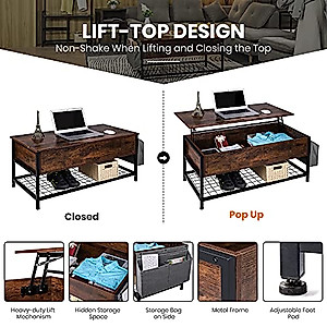 ErgoDesign Lift Top Coffee Table, 39.5" L Coffee Table with Storage Bag, Rising Tabletop Table with Hidden Compartment for Living Room Reception Room (Rustic Brown)