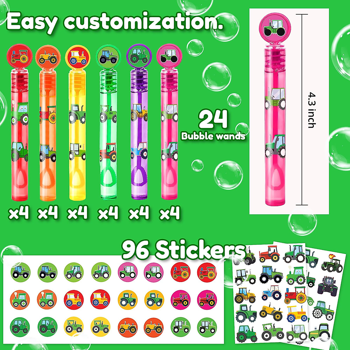 24PCS Tractor DIY Bubble Wands Party Favor 96PCS Stickers for Goodie Bag Fillers Pinata Stuffers, Mini Bubble Bulk Farm Birthday Party Supplies Toys Gifts Class Prizes Toddlers Boys Girls