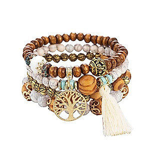 Tree of Life Leather Bracelets for Women Bohemian Stretch Wood Beaded Bracelets for Women Boho Tassel Bracelet Multilayer Stackable Bracelets Christmas Birthday Jewelry Gifts for Teens Girls