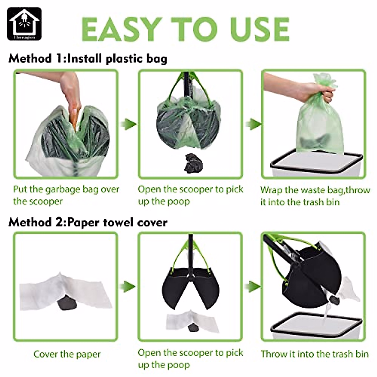 HOMAGICO Pooper Scooper, Portable Dog Pooper Scooper with Long Handle, Foldable Pooper Scooper for Large Medium Dogs with Bag Attachment, Easy to Use Perfect for Grass, Dirt, Gravel (Green)