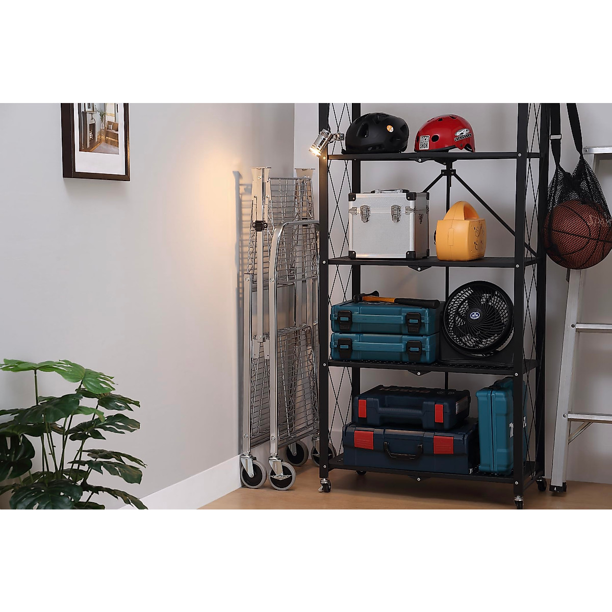 StorageMax 2 Tier Commercial Grade Heavy Duty Utility Cart | Holds up to 300lbs | Easy Foldable | Durable Chrome Plated Steel Heavy Duty Rolling Cart for Garage, Warehouse, Showroom and Office